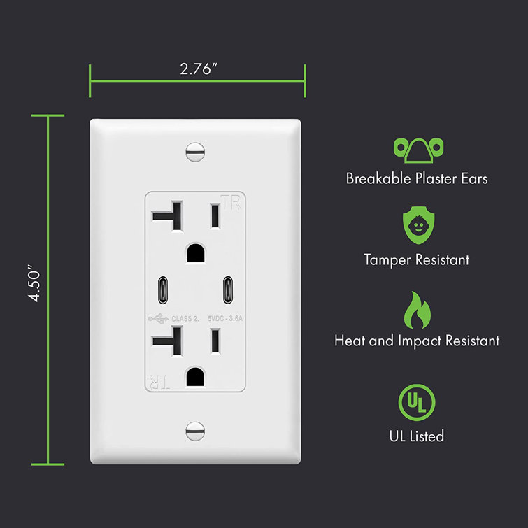 TOPGREENER 20 Amp Tamper-Resistant Receptacle, 2 Port USB C Wall Outlet, White (3-Pack ...